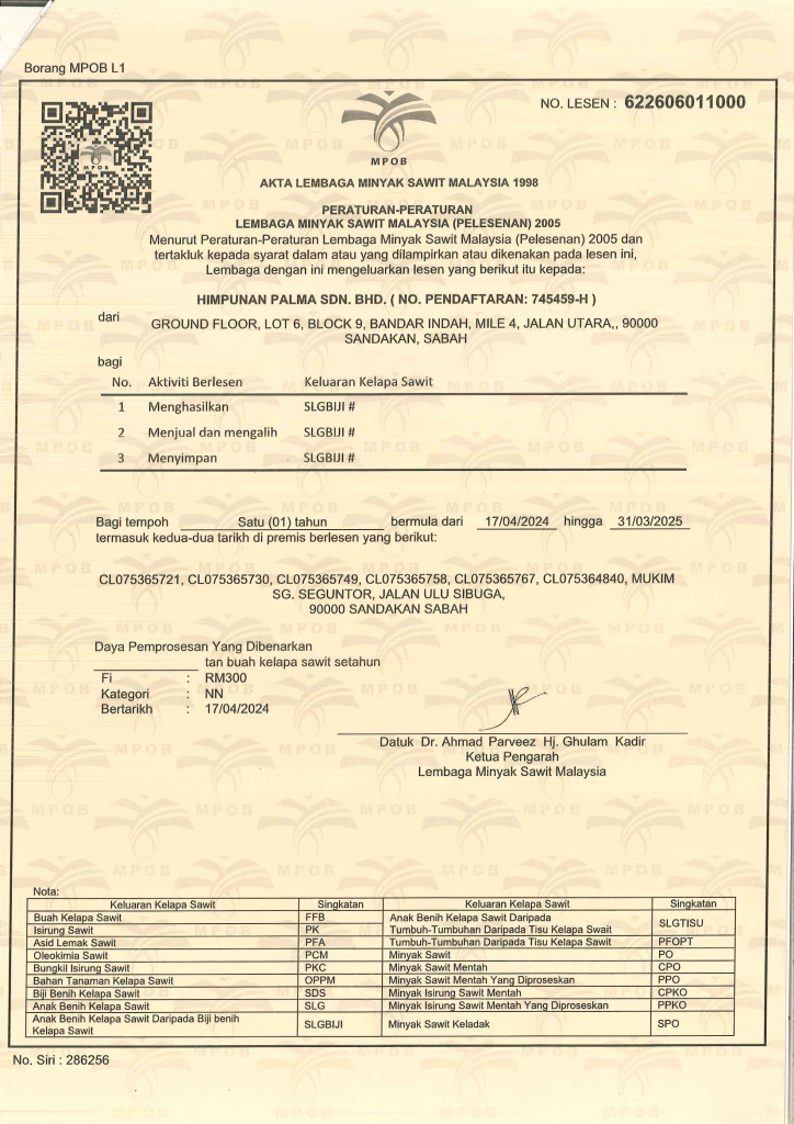 Licenses and Certificates - Himpunan Palma